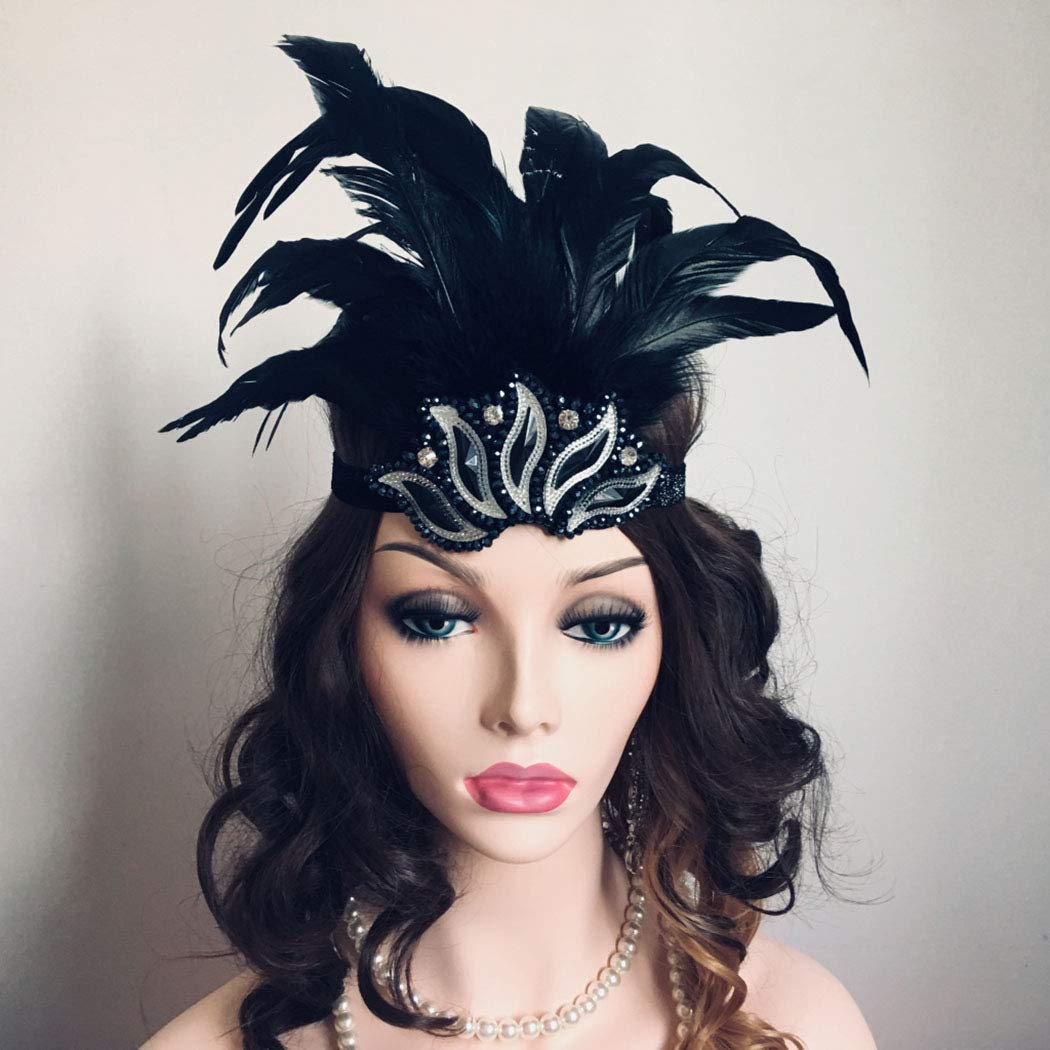 Asooll 1920s Vintage Feather Headband Black Crystal Headpiece Flapper Prom Hair Accessories for Women