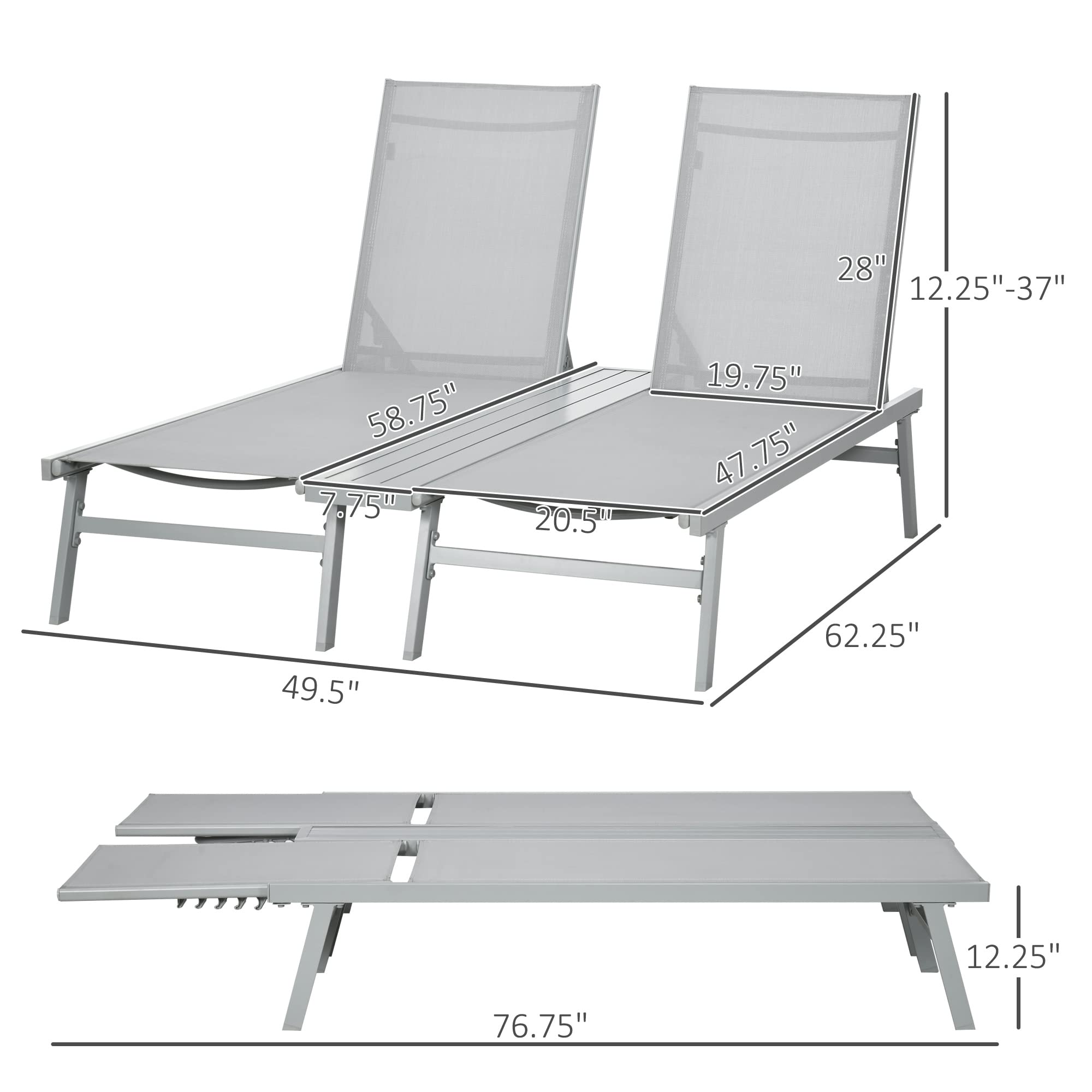 Outsunny Chaise Lounge Pool Chairs Set of 2, Aluminum Outdoor Sun Tanning Chairs with Five-Position Reclining Back, Shelf & Breathable Mesh for Beach, Yard, Patio, Light Gray