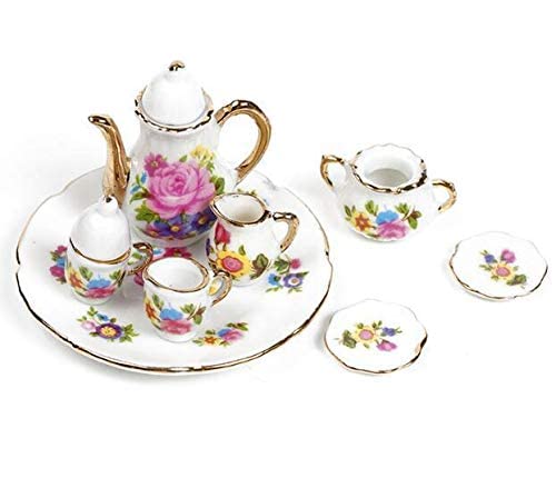EatingBiting Collection Level 1:12 Elegant Flora Miniature Mini House Porcelain Tea Dish, Teapot, Cup, Plate Craft Set, DIY Scene Home Furniture Accessories
