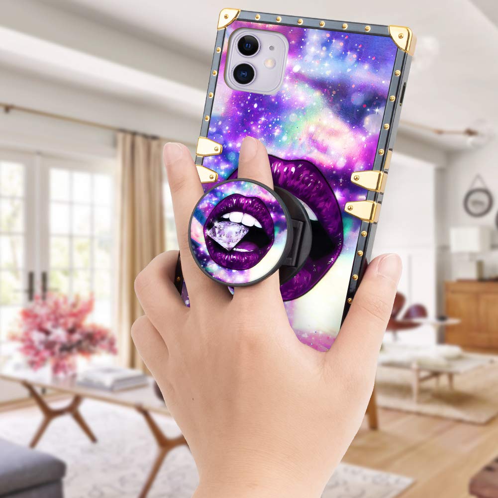 BITOBE Luxury Square Phone Case iPhone 11 with Stand 6.1 Inch 2019 Retro Elegant Soft TPU Design Cover for Women Girls with Ring Holder Kickstand (Purple Galaxy Diamond Lips)