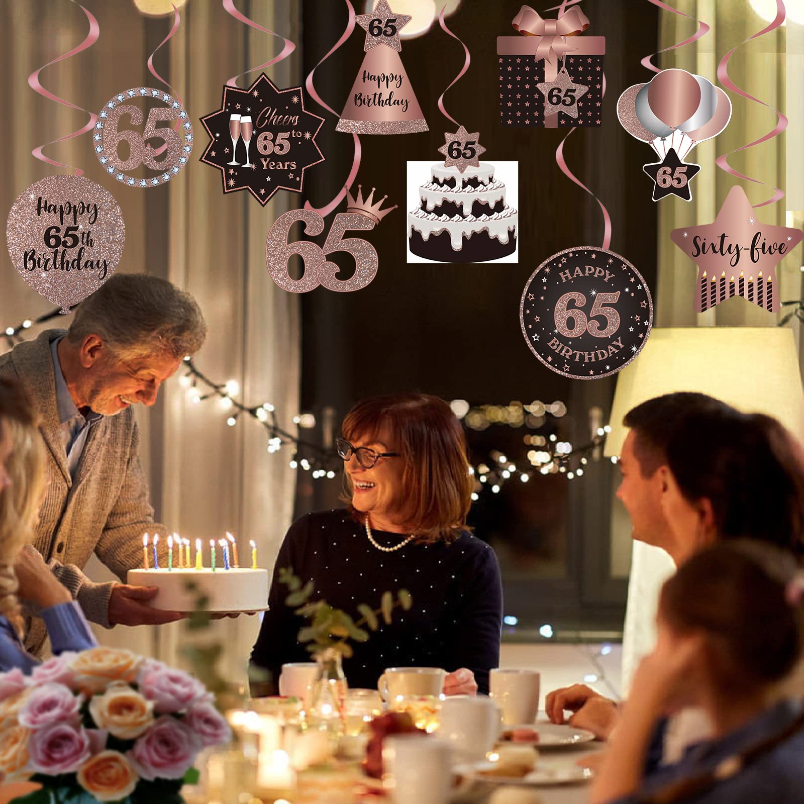 Happy 65th Birthday Party Hanging Swirls Streams Ceiling Decorations, Celebration 65 Foil Hanging Swirls with Cutouts for 65 Years Old Rose Gold Birthday Party Decorations Supplies
