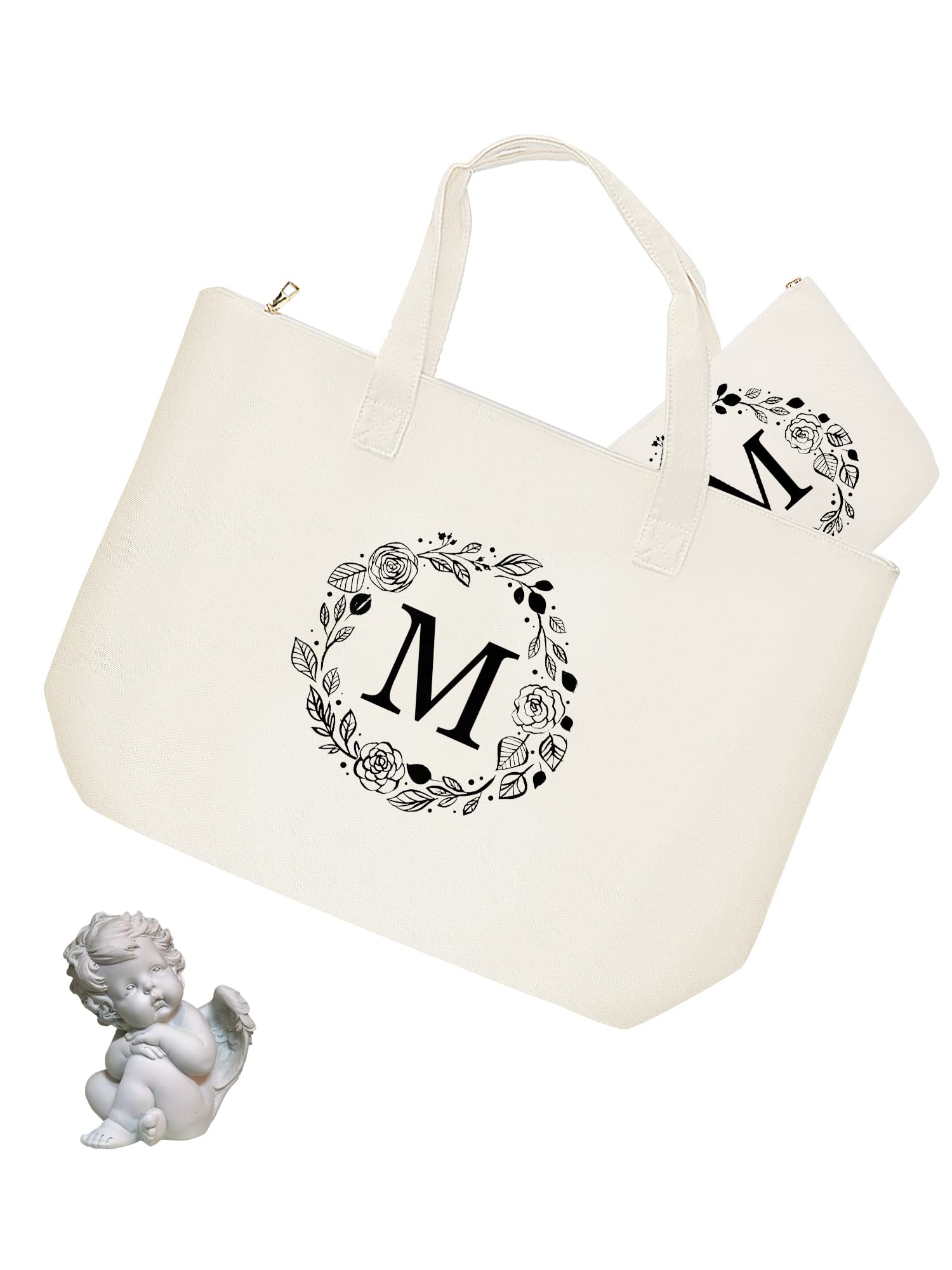 Binggemen Personalized Initial Canvas Tote Bag with Zipper, Present Bag with Inner Pocket & Make Up Bag, Great Gifts for Women, Mom, Teachers, Friends, Bridesmaids