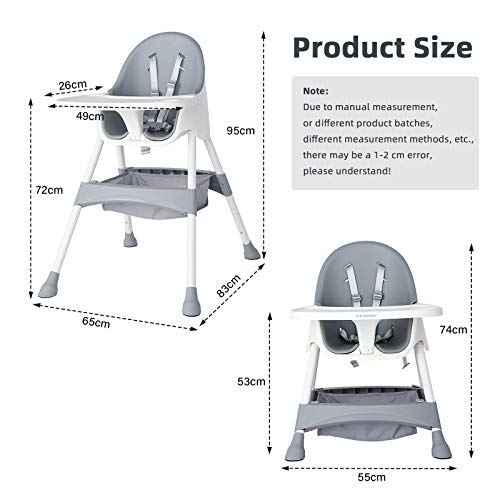 KESAIH High Chair, Height Adjustable High Chairs for Babies and Toddler with Easy-Clean Pu Cushion, Removable Tray, Adjustable Feet, 5 Point Safety Harness, Modern Toddler High Chair (Grey)1