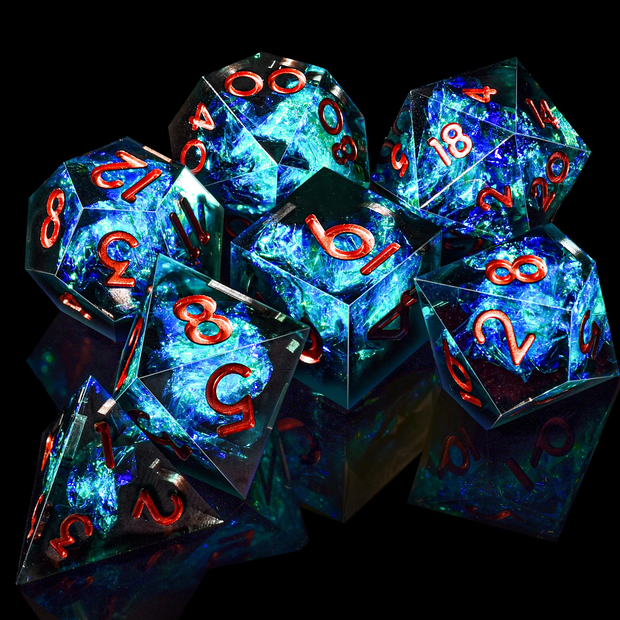 AUSTOR 7-Die DND Dice Set, Handmade Sharp Edge Polyhedral Dice for Dungeons and Dragons RPG MTG Table Games(Black & Blue)