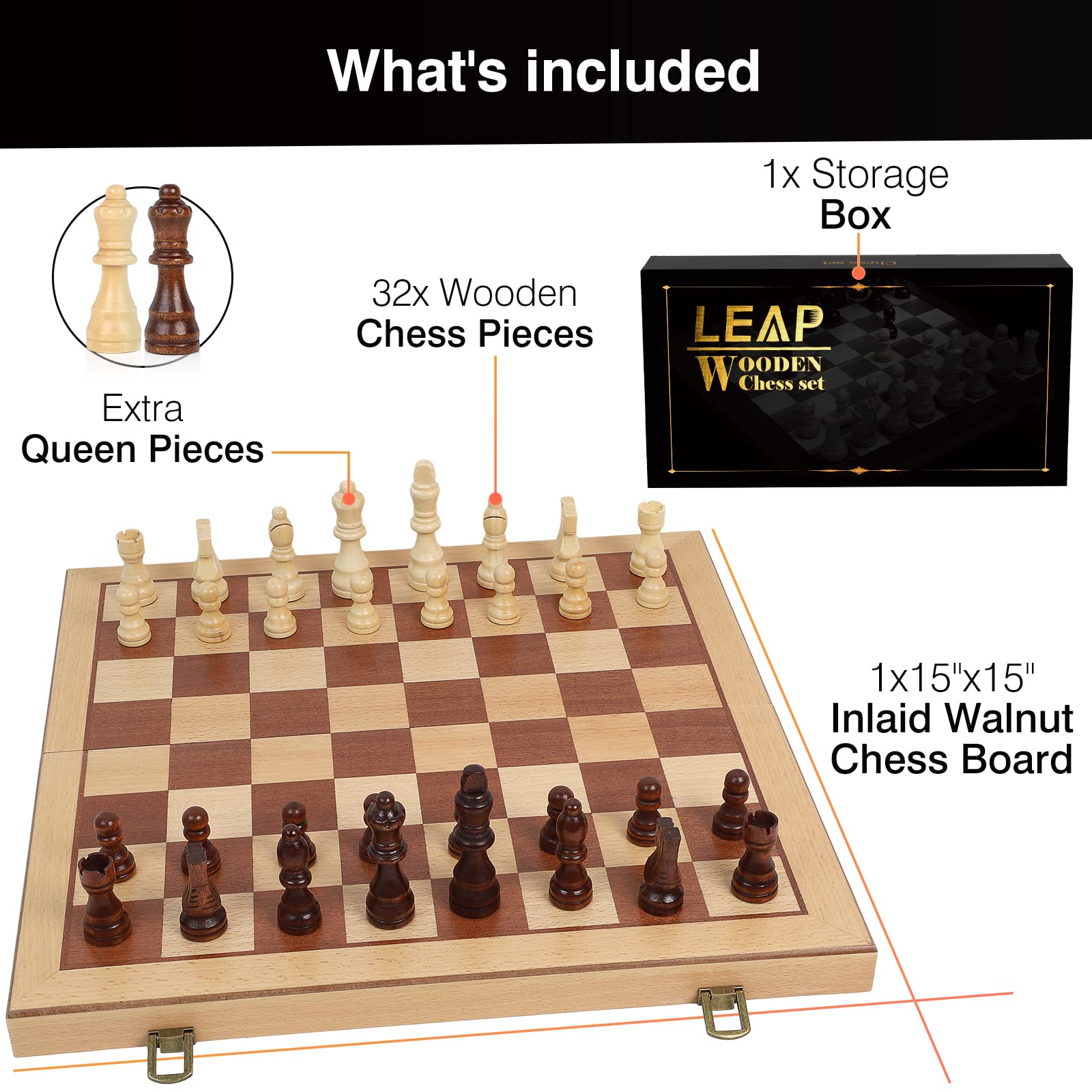 LEAP 15.5" Inches Wooden Chess Set with Wooden Checkers 2 Extra Queens - Folding Board, Portable Travel Chess Board Sets with Chess Pieces Storage Slots - All Age Chess Set for Adults and Beginner