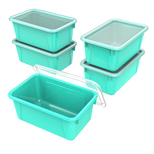 Storex Small Cubby Bins ā Plastic Storage Containers for Classroom with Non-Snap Lid, 12.2 x 7.8 x 5.1 inches, Teal, 5-Pack (62412U05C)