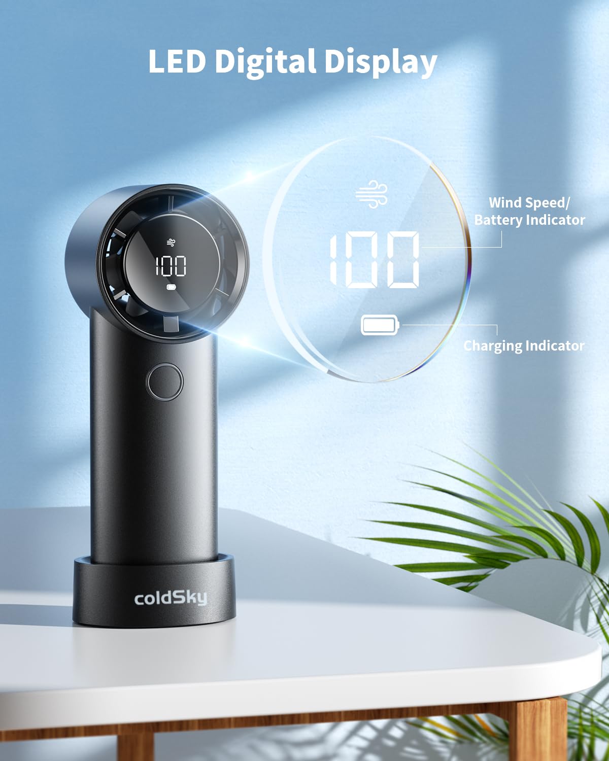 coldSky Portable Handheld Turbo Fan, 5 Speed Adjustable Personal Small Fan With Digital Display, Powerful High Speed 6000mAh Battery Operated Cooling Fan With Base For Outdoors, Travel, Home, Desk
