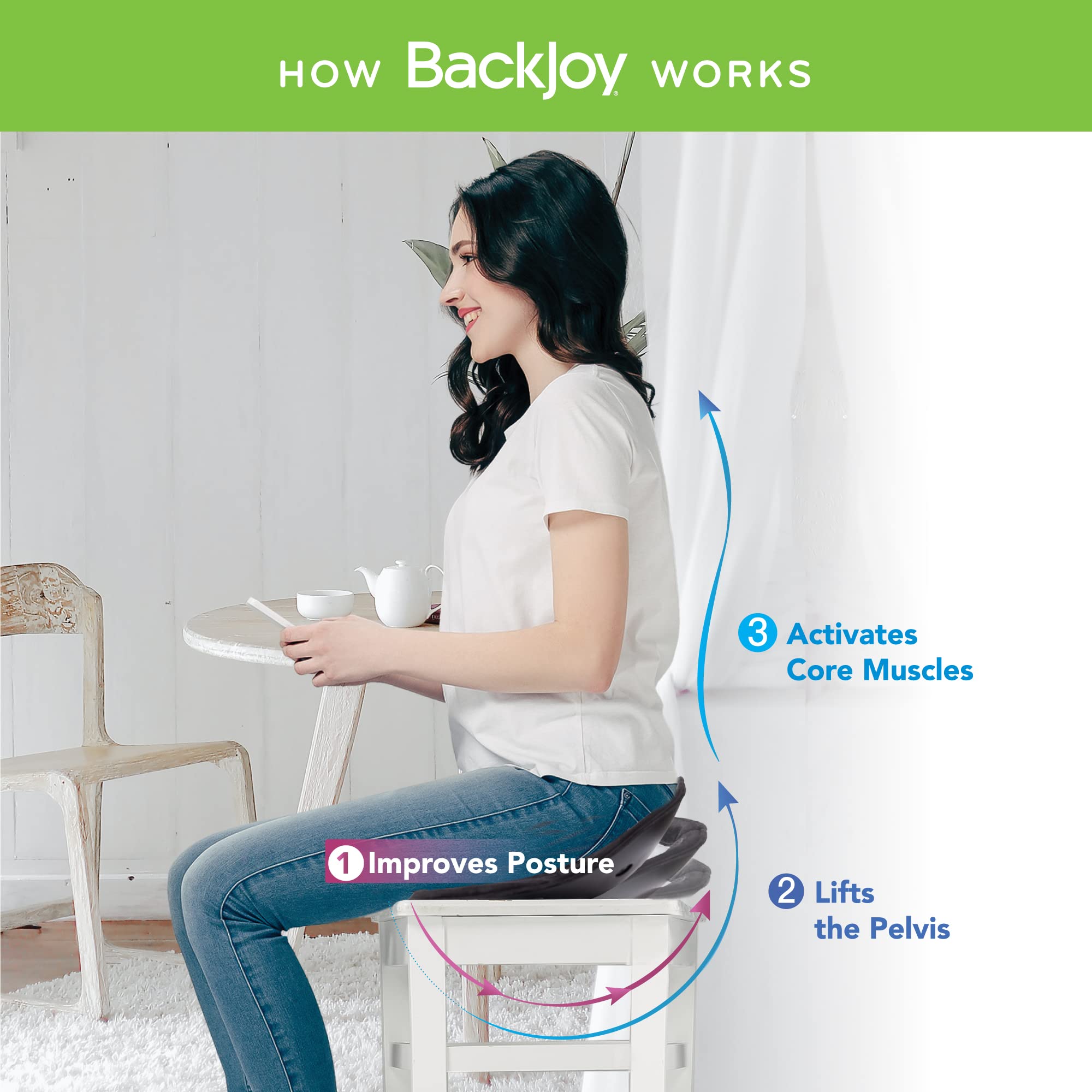 Backjoy Posture Seat Pad | Ergonomic Pressure Relief, Hip & Pelvic Support to Improve Posture | Home, Office Chair, Car Seat, Core Traction (Black) Fits M-XL HIPS