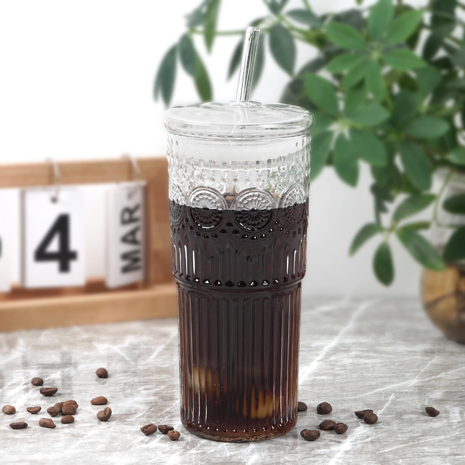 Bandesun All Glass Iced Coffee Cup With Lids and Straws,24 OZ High Borosilicate Glass Tumbler for Water Smoothie Juice Drinks