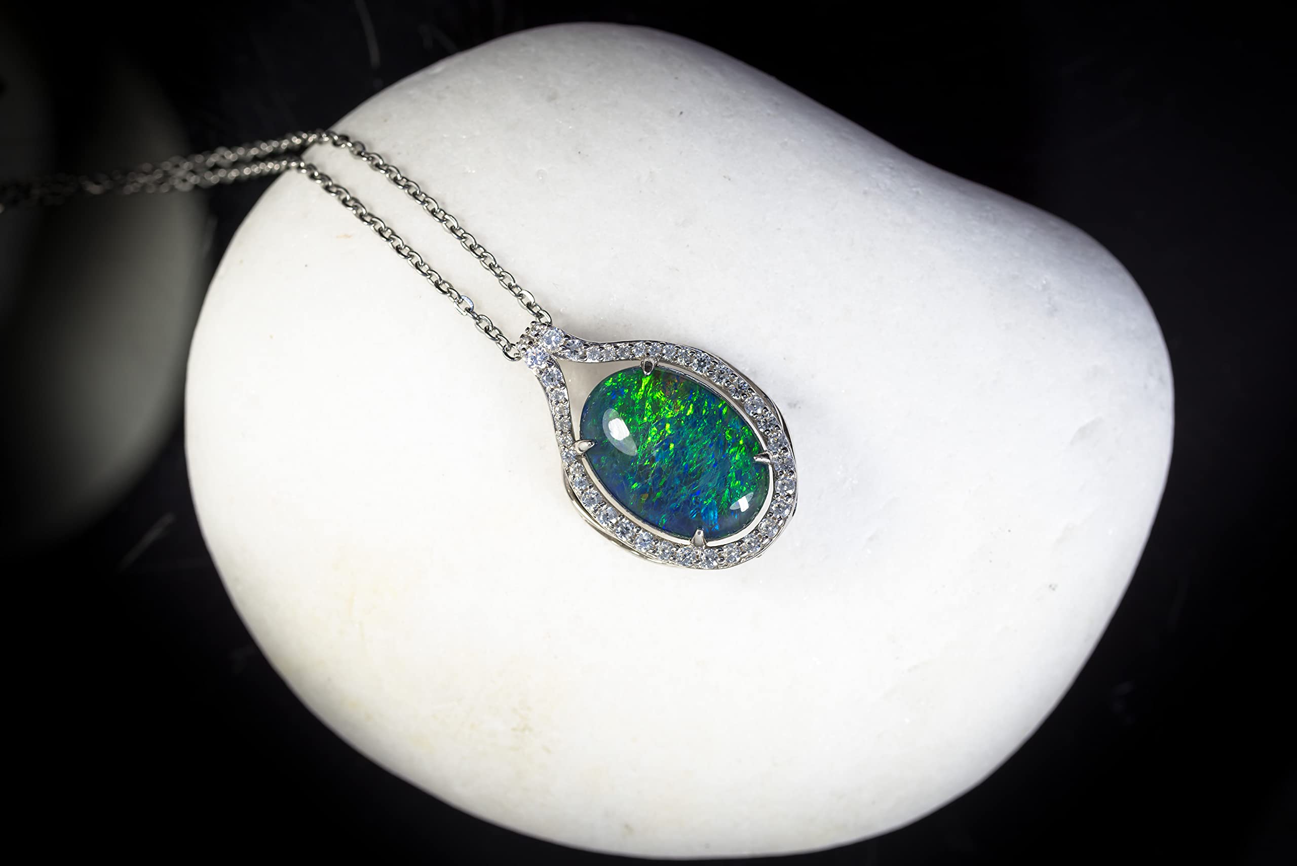 Australian Fire Opal Necklace - 18x13mm Genuine Australian Triplets Opal Necklace Pendant White Gold Plated on Sterling Silver Women's Jewelry