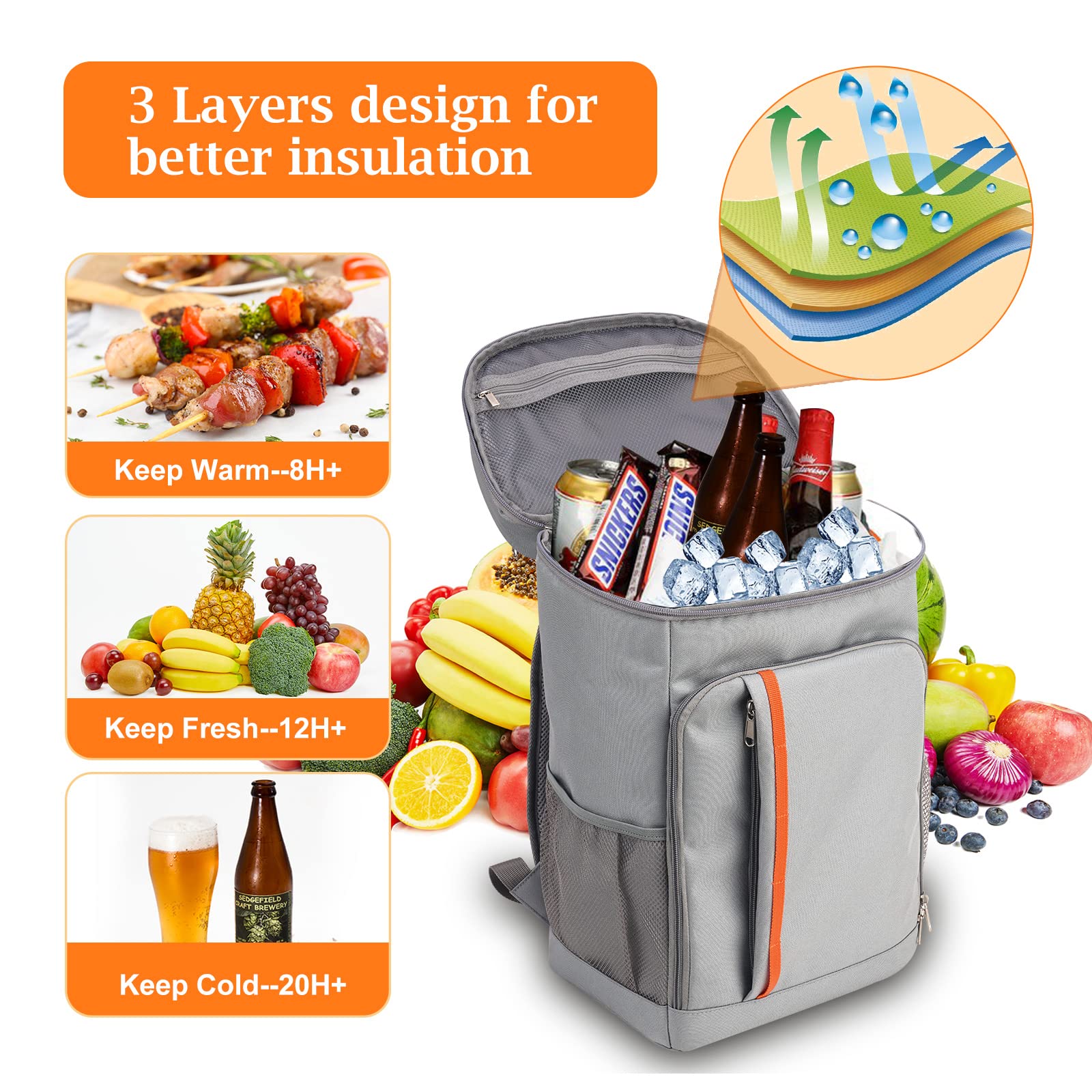 Backpack Cooler Leakproof Insulated Waterproof Backpack Cooler Bag,Cooler Backpack Insulated Waterproof 30 Cans, Soft Cooler Bag for Men Women Work, Hiking, Beach, Camping,Picnics