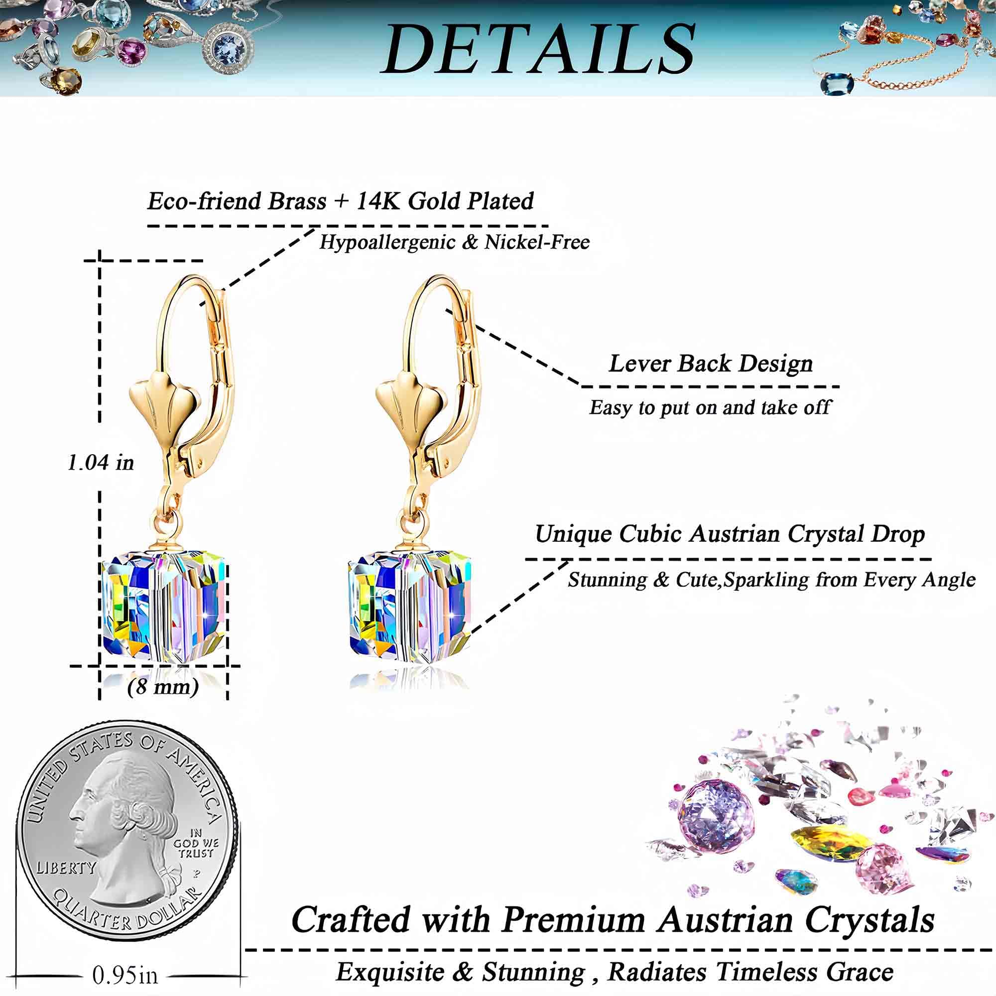 Austrian Crystal Cube Drop Earrings for Women Leverback Dangle Earrings 14K Gold Plated Hypoallergenic Jewelry (Aurora Borealis)