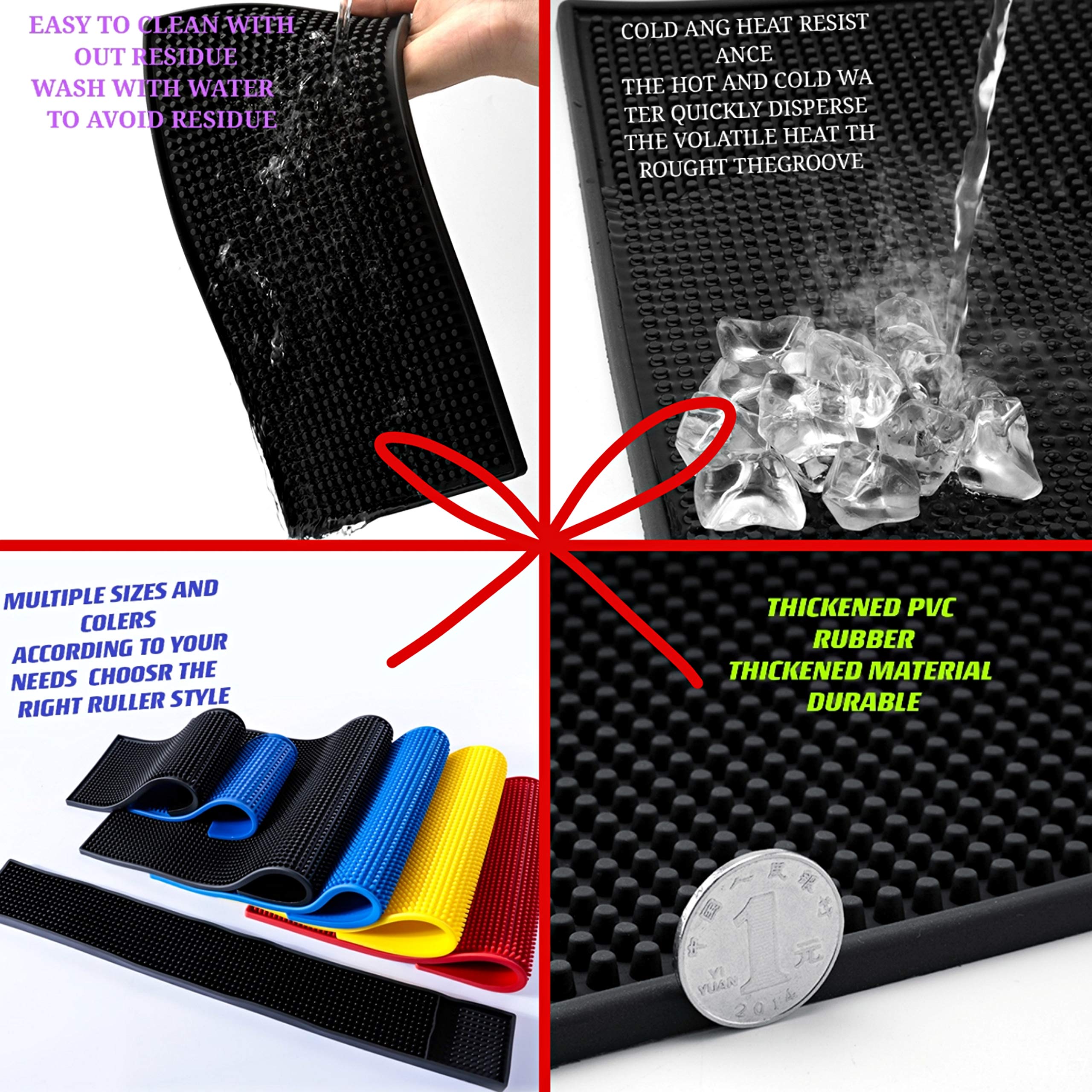 Bar Mat 4Pack IMIYOKU 0.4" Thick Durable Bar Mat for Spills Service Mat for Coffee Bars Restaurants and Counter Top Dish Drying Mat Glass Drying Mat (Black 1PC/18" x 12" +1PCS/23" x 3" +2PC/12" x 6")