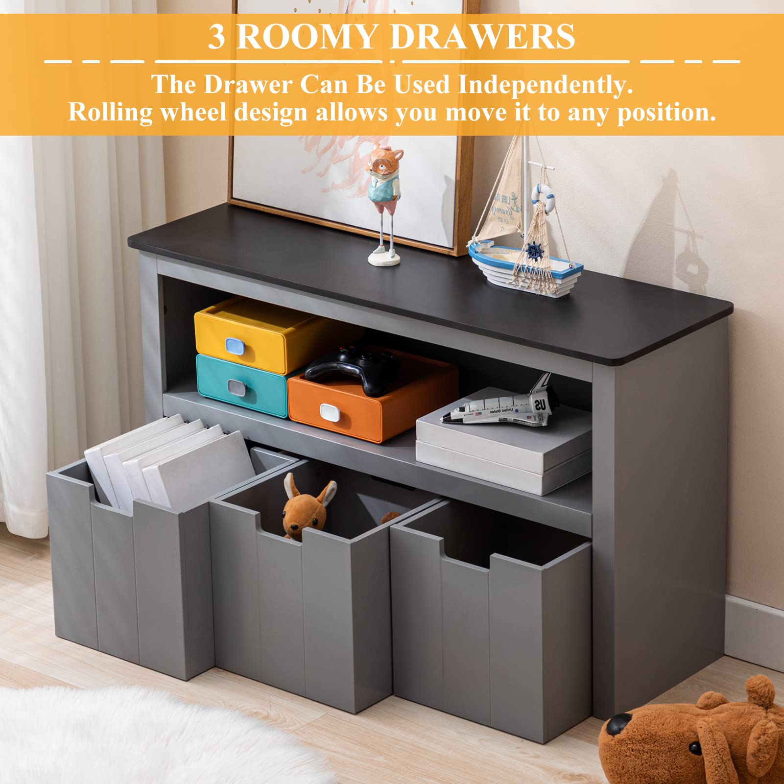 AUXSOUL Toy Storage Organizer - Kids Toy Organizers with Blackboard - 3 Storage Bins and Open Shelf - Suitable for School Classroom, Children's Room, Playroom, Hallway(Grey)