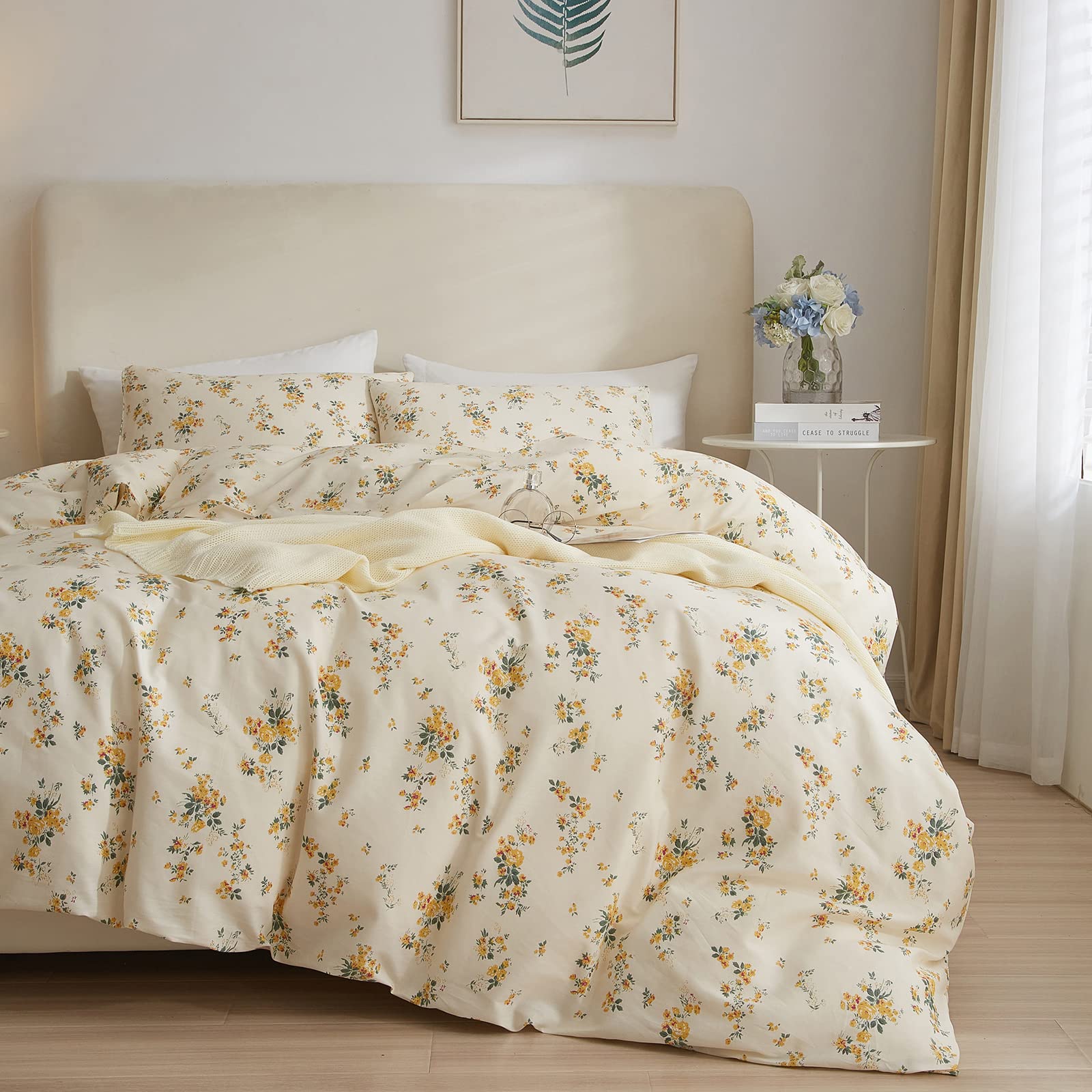 HANDONTIME Light Yellow Duvet Cover Yellow Rose Floral Queen Duvet Cover Set Botanical Floral Cotton Duvet Covers Green Leaves Lovely Bedding Set Comforter Cover with Zipper Ties, Spring Home Decor