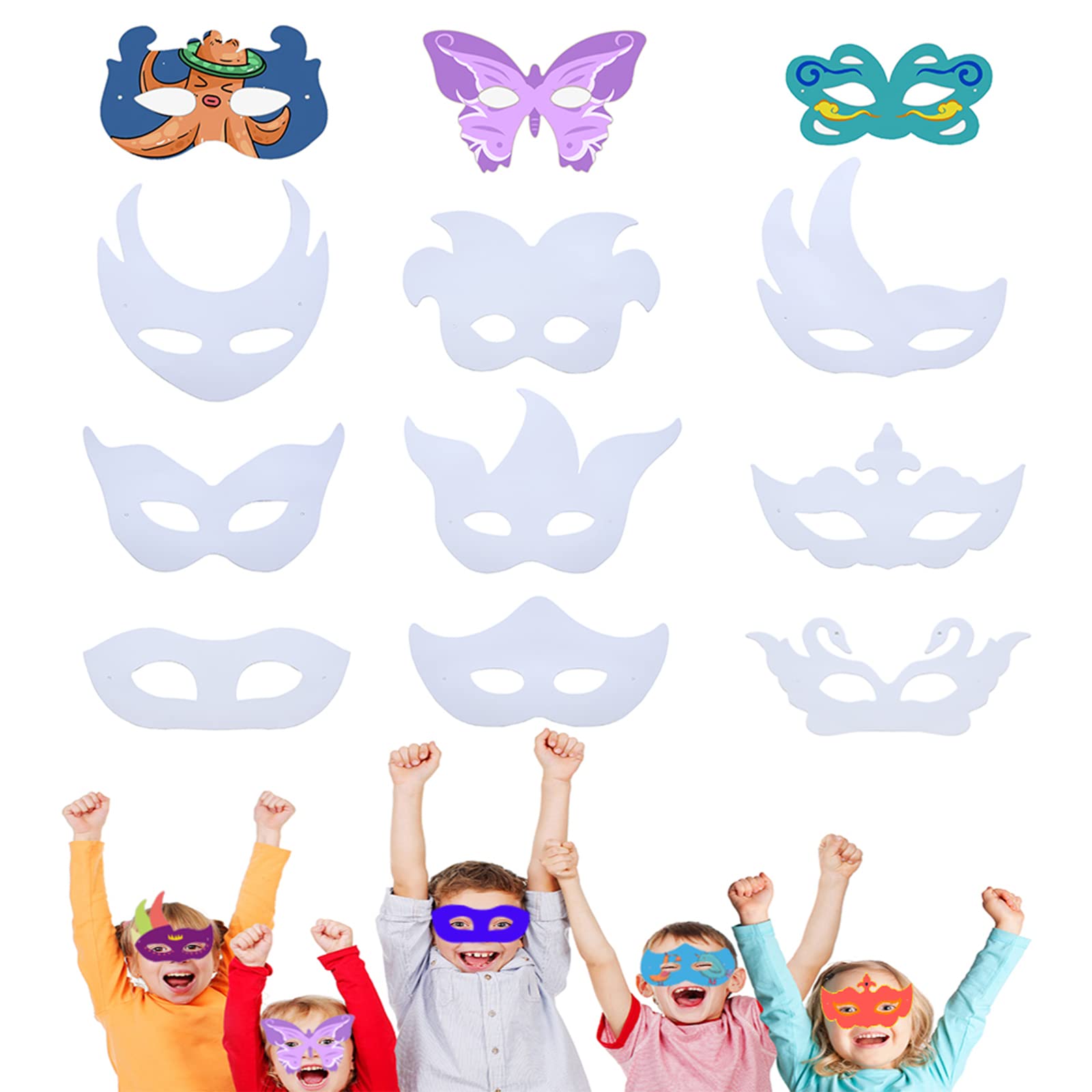 DIY Mardi Gras Mask Masquerade Mask for Kids Graffiti Paper Masks Party Favors Dress up Masks Party Supplies with 12 Types for Jungle Safari Theme Family Birthday Party Cosplay Halloween Party
