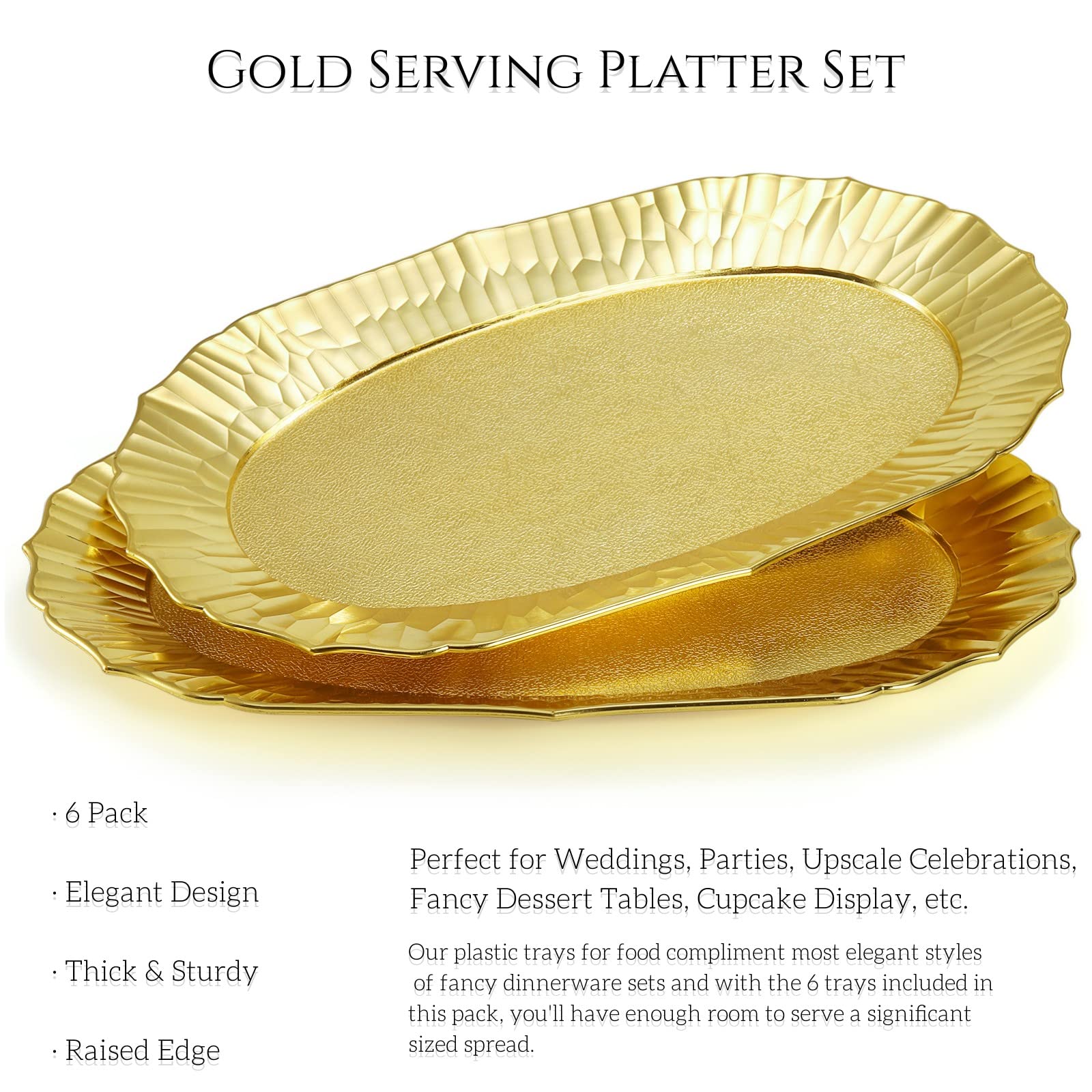 AVLA 6 Pack Plastic Serving Tray, Gold Serving Platter Set, Reusable Party Snack Serving Tray, Decorative Food Appetizer Platters for Dessert Table, Cupcake, Charcuterie, Cookies, 14" x 8.5"