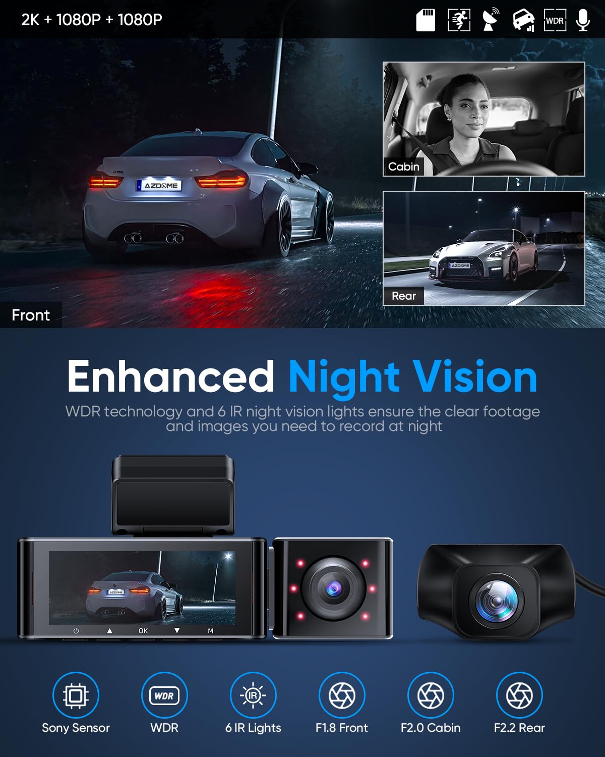 AZDOME 3 Channel 4K Dash Cam for Cars, 4K+1K Dash Cam Front and Rear, 1440P+1080P+1080P Triple Dash Cam, 3.19" IPS Screen, Built-in GPS WDR IR Night Vision, 24H Parking Mode, 64GB Card Included