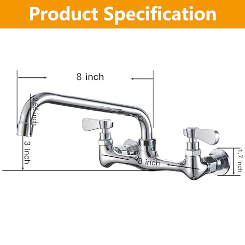 BATHLAVISH Wall Mount Kitchen Sink Faucet 8β Commercial Center Double Handle Bar Laundry Utility Swivel Spout Chrome Mixer Tap