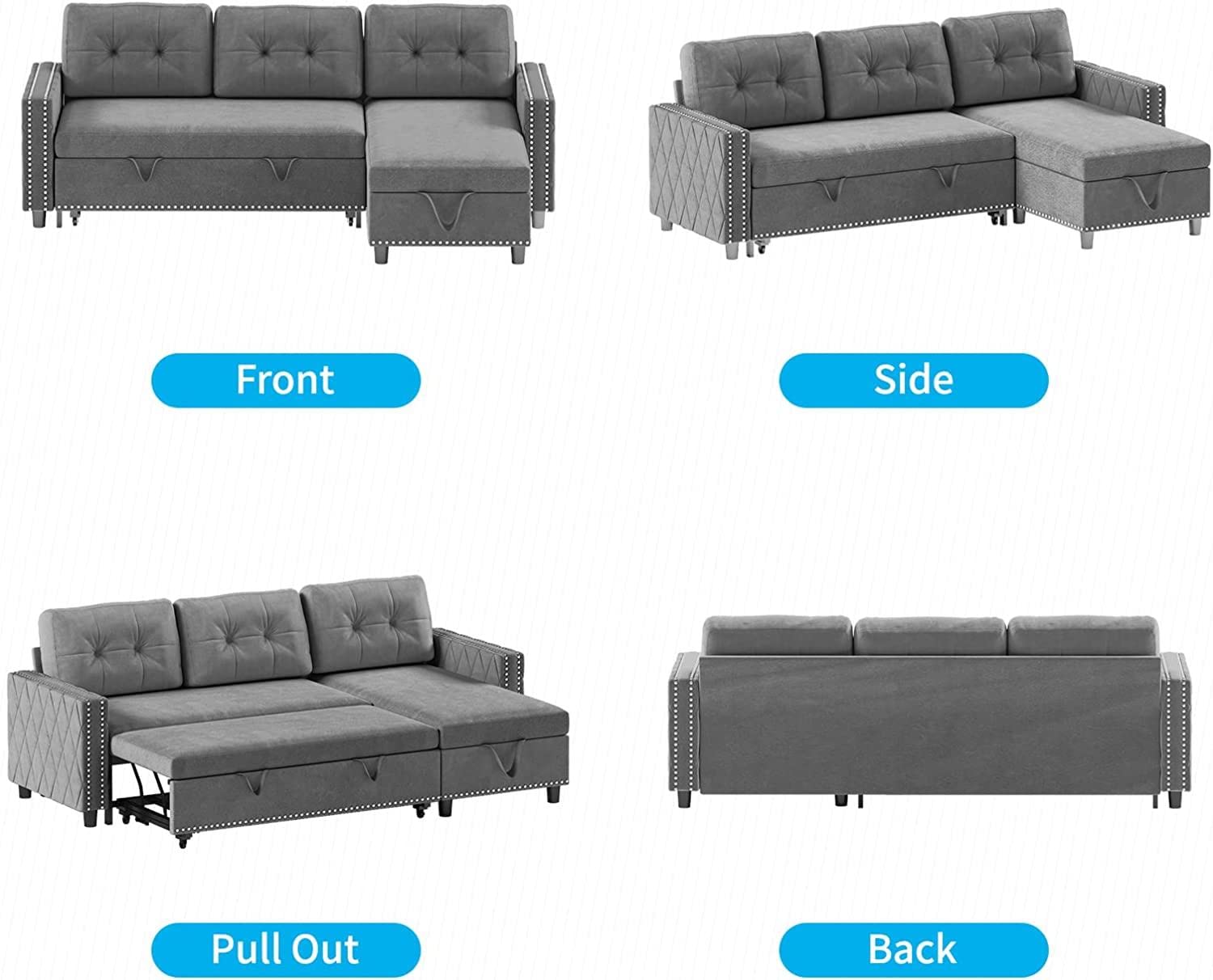 Mjkone 3 Seat L-Shape Sectional Sofa Couch with Pull Out Bed and Reversible Storage Chaise, Modern 83 Inch Sleeper Sofa with Breathable Velvet Fabric and Nailhead Trim for Living Room, Dark Gray