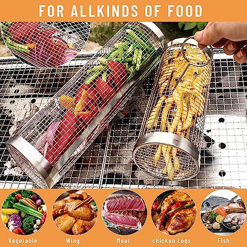 Rolling Grilling Baskets for Outdoor Grilling - Perfect BBQ Net for Veggies,Fries,Fish,Meats - 2PCS Cylindrical Stainless Steel Grilling Mesh for Outdoor BBQ Cooking/Camping/Picnic(8.2 Inch-High)