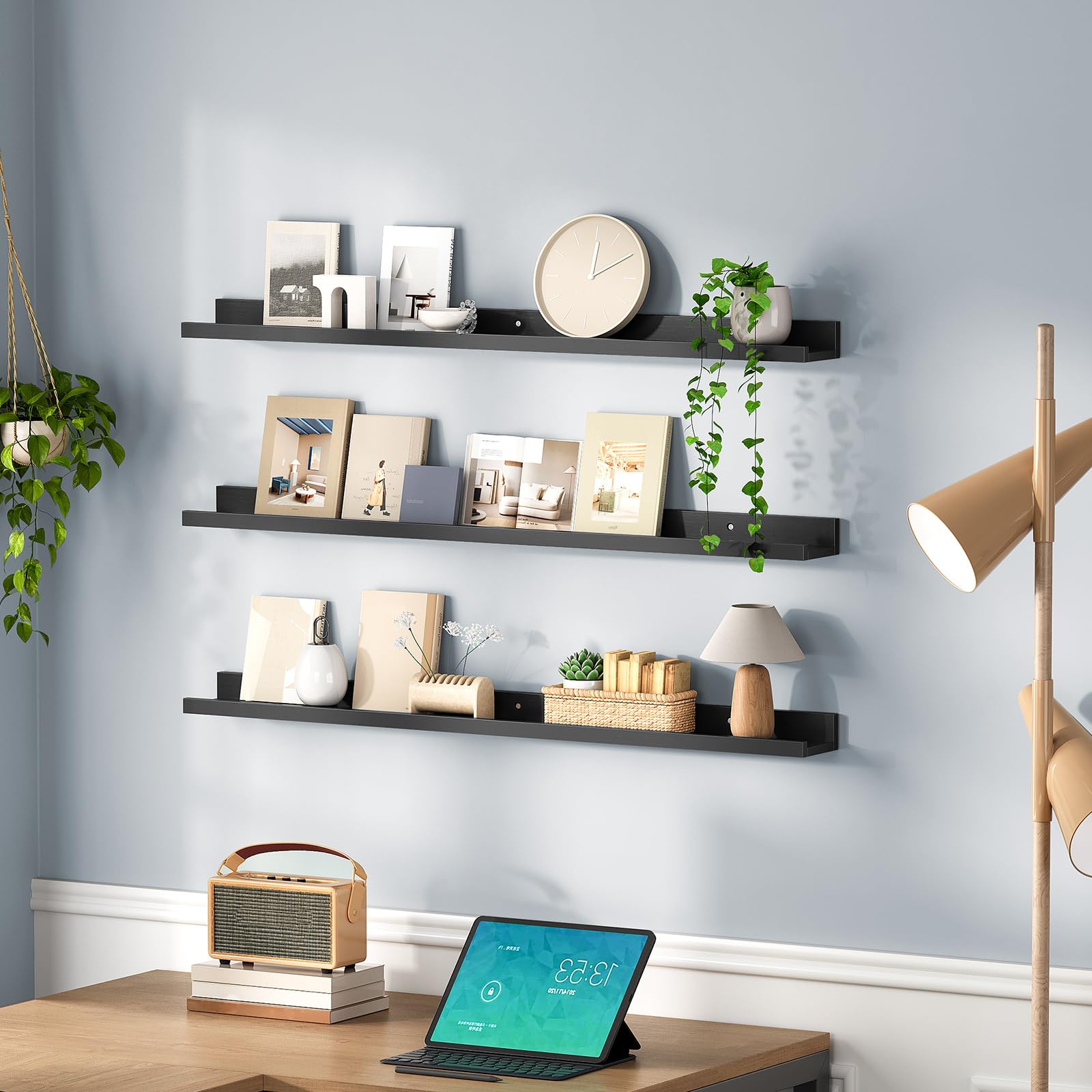 HOOBRO Floating Shelves, Wall Shelf Set of 3, 35.4 Inches Hanging Shelf with Raised Edge and Invisible Brackets, for Bathroom, Bedroom, Kitchen, Office, Living Room Decor, Black BK90BJ01