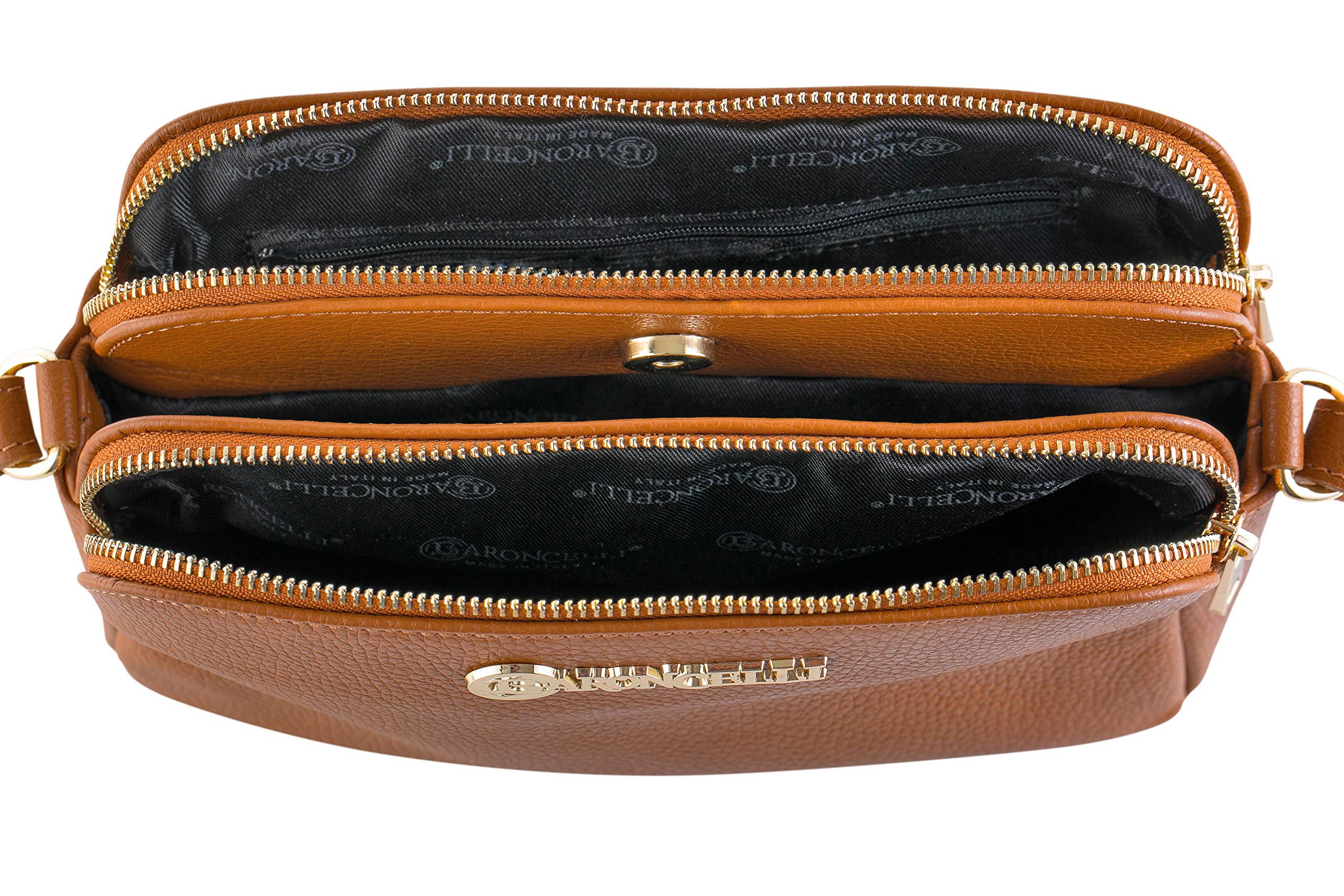 Baroncelli Crossbody Bag Made in Italy with Long Stripe Genuine Italian Soft Leather Brown