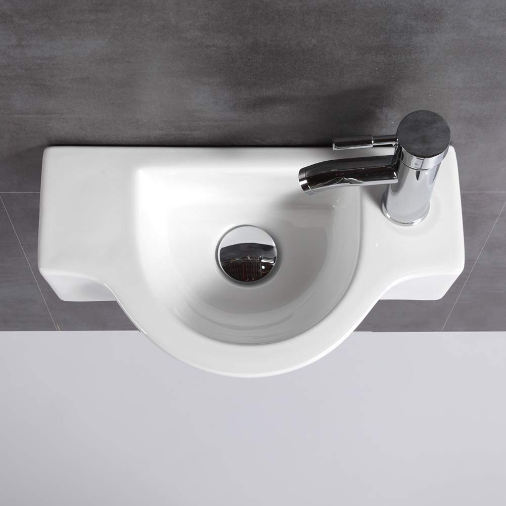 Bathroom Ceramic Washbasin and Faucet Combo White Small Sink Wall Mount Sink Corner Sink Set Chrome Pop-up Drain Included (Sink with Faucet & Drain)