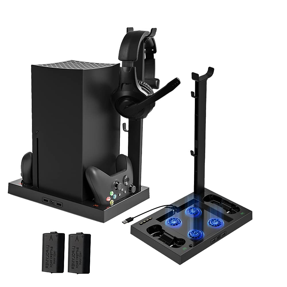 arVin Cooling Fan for Xbox Series X Console Vertical Cooling Stand with 4 High Speed Cooler Fan, Dual Controller Charging Station, 2x1400mAh Rechargeable Battery Pack, Headset Stand & 4 Type C Adapter