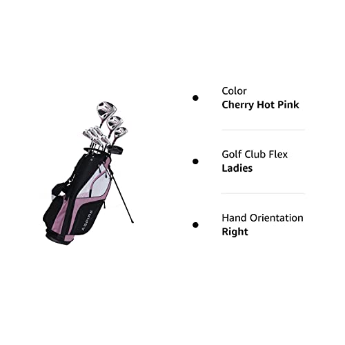Aspire XD1 Ladies Womens Complete Right Handed Golf Clubs Set Includes Titanium Driver, S.S. Fairway, S.S. Hybrid, S.S. 6-PW Irons, Putter, Stand Bag, 3 H/C's Pink (Cherry Right Petite Size -1")