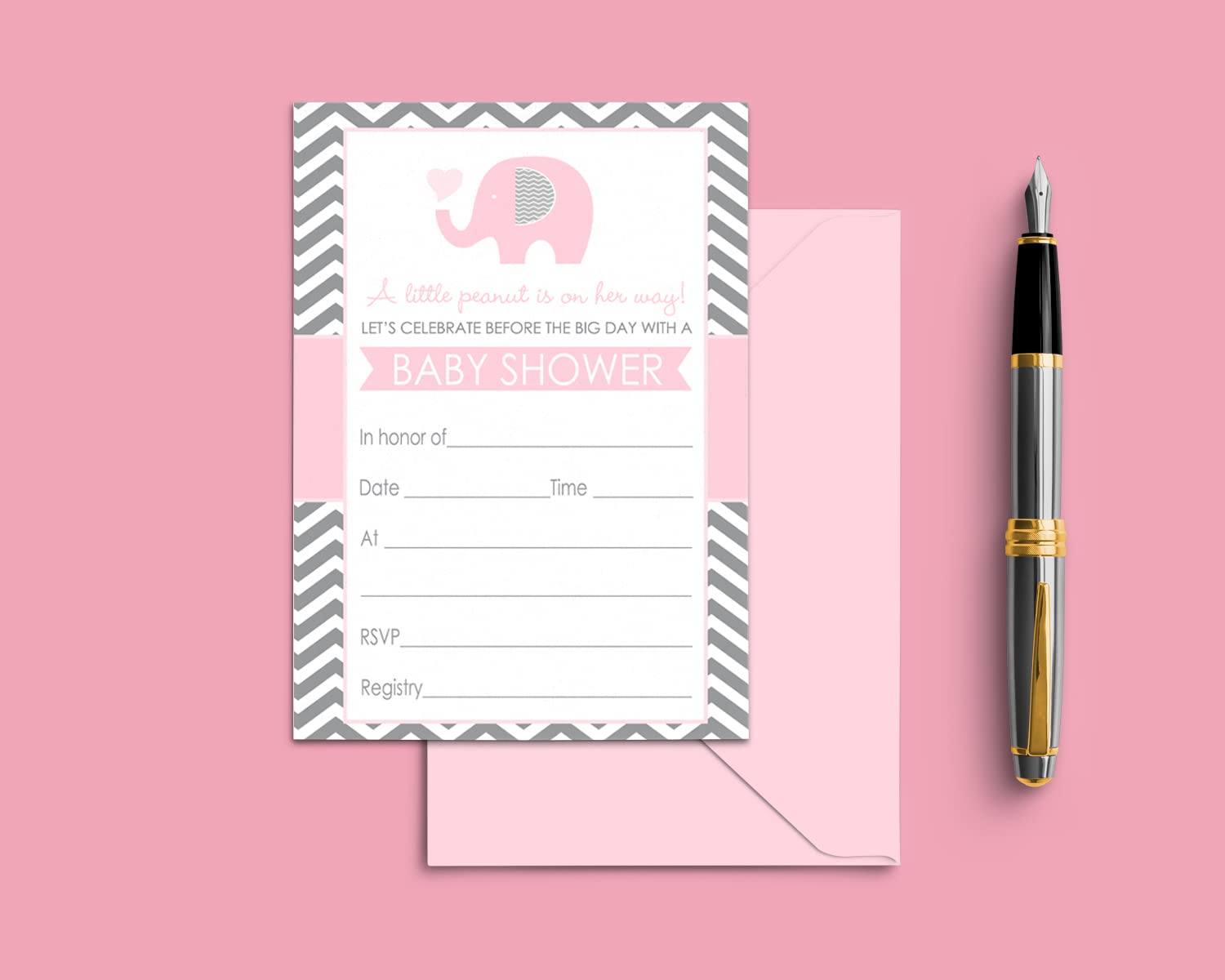 Paper Clever Party Pink Elephant Baby Shower Invitations and Envelopes (15 Pack) Baby Girls Invites for Sprinkle DIY, Cute Printed Card Set with Jungle Theme, 4x6