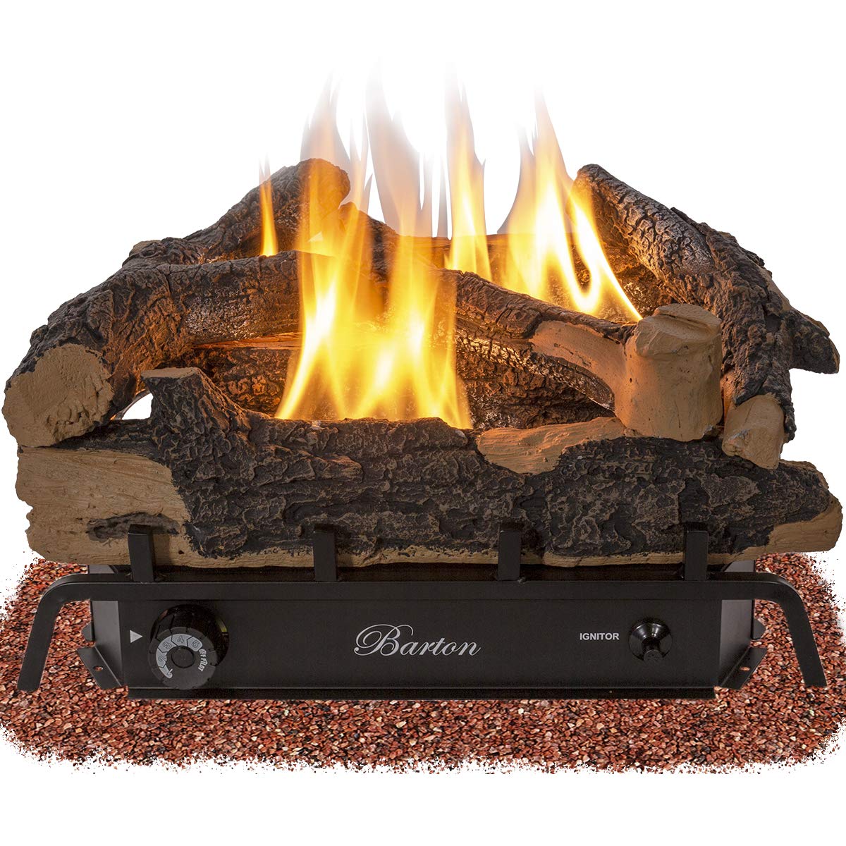 Barton 24" Premium Ceramic Log Set w/Adjustable Dual Burner 32,000 BTU Vent-Free Natural Gas Glowing Ember ANSI Indoor Fireplace Fire Wood Fake Realistic