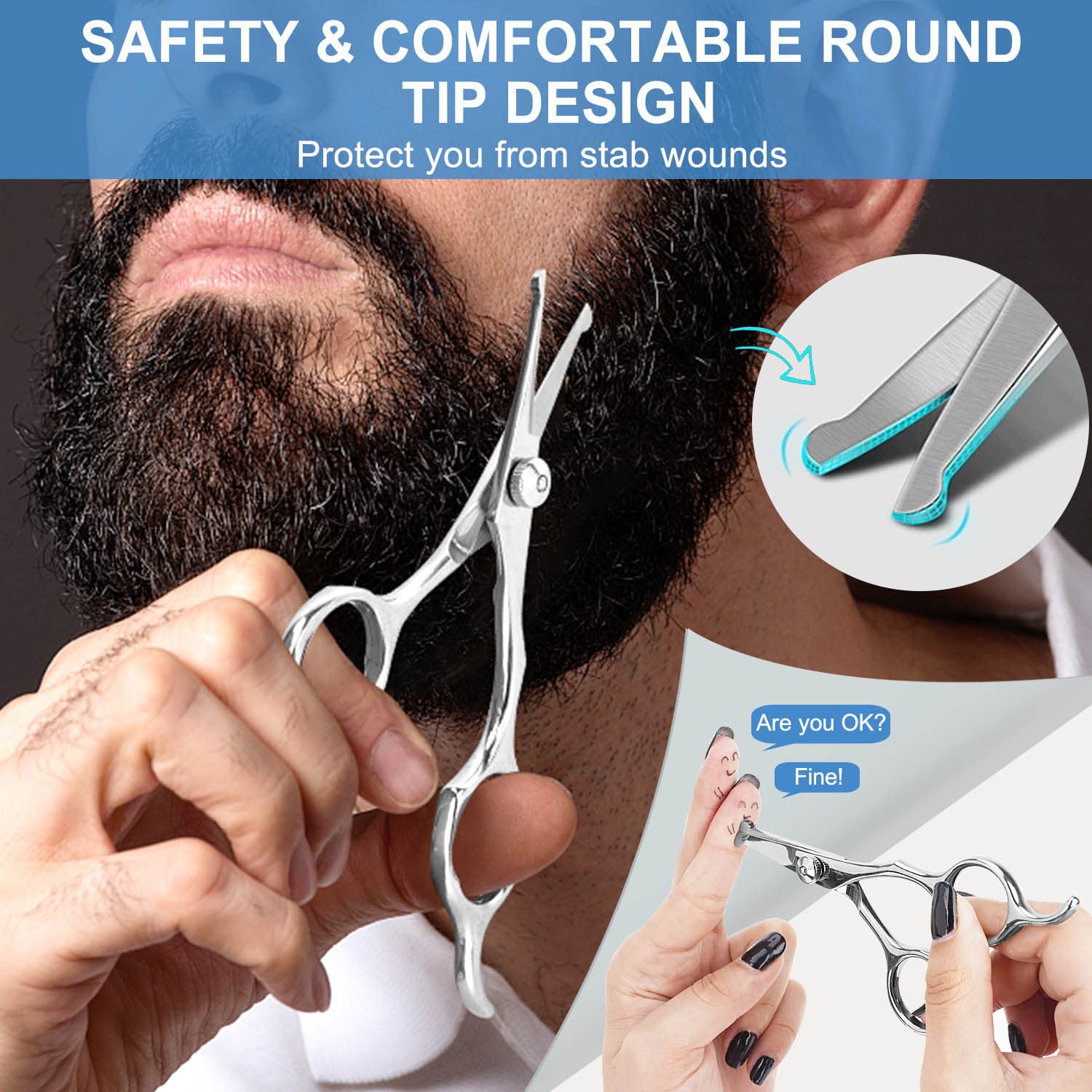 Avenoir Facial Hair Scissors for Men, Professional Mustache & Beard Scissors, Nose Ear Eyebrow Pet Trimming Stainless Steel Scissors(Safety Round Tip Design), Silver, 5.3inx2.16inx0.7in