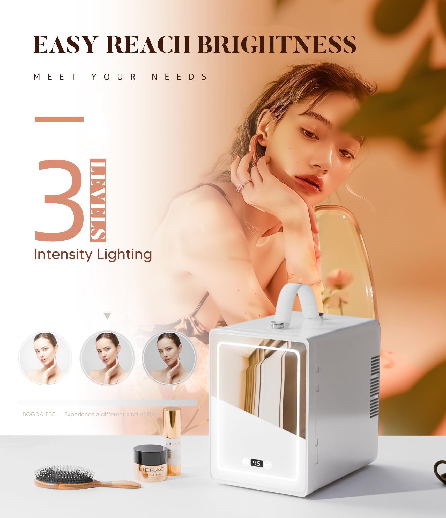 BOGDA 4L Mini Skincare Fridge with Dimmable LED Light Mirror, Cooler and Warmer Temperature Control Digital Display, Portable Cosmetic Refrigerator for Makeup, Skin Care, Bedroom Office Car, White