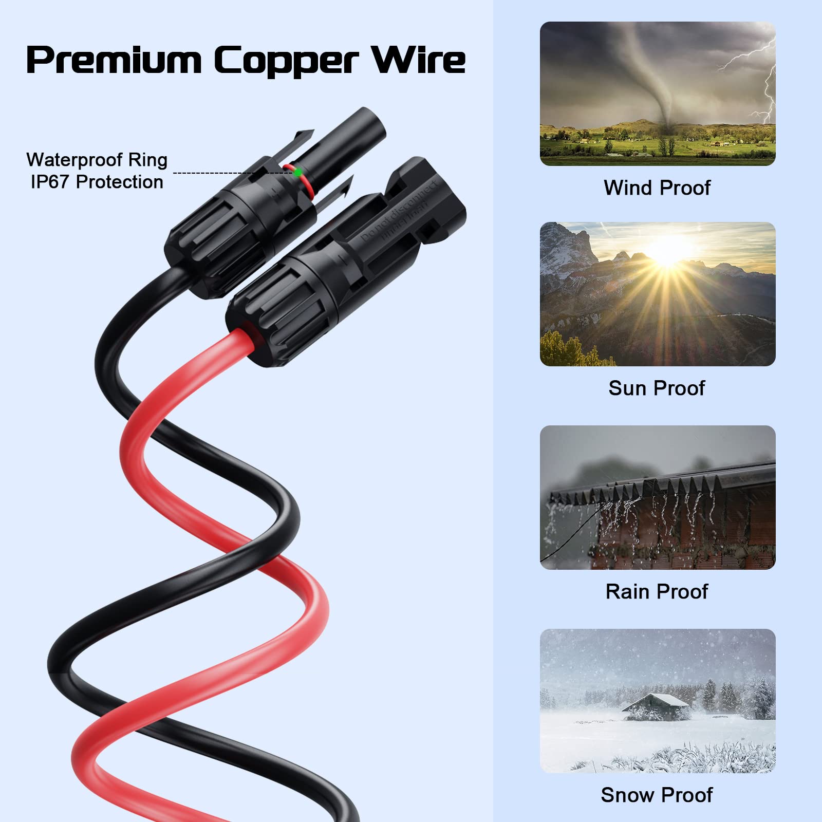 Bateria Power 20FT 10AWG(6mm²) Solar Panel Extension Cable, with Female and Male Connectors and Extra Free Spanners, Solar Panel Adaptor Kit Tool(20FT Red + 20FT Black)