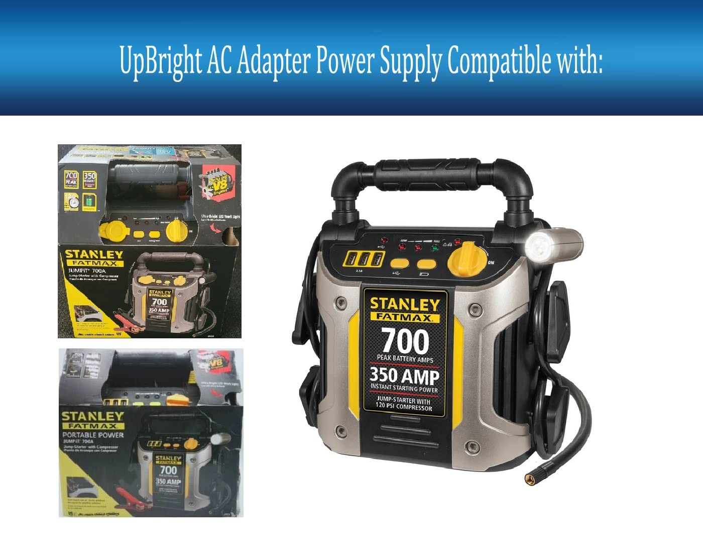 UpBright 12V AC Adapter Compatible with Stanley FATMAX J7CS J7CSC J7CSR Portable Power Station Jump Starter JUMPiT 700A Battery 350A Instant Starting Air Compressor 12 Volt Supply 12VDC 500mA Charger