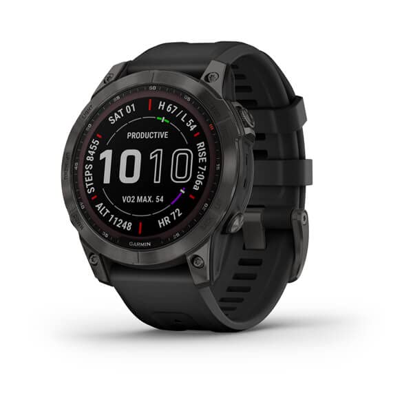 Garmin Fenix 7 Sapphire Solar Edition Smart Watch Carbon Gray DLC Titanium w Black Band (47mm) + Wireless Headphones + Watch Charging Stand + USB Car/Wall Adapter + 6TH AVE Cleaning Kit (010-02540-20)