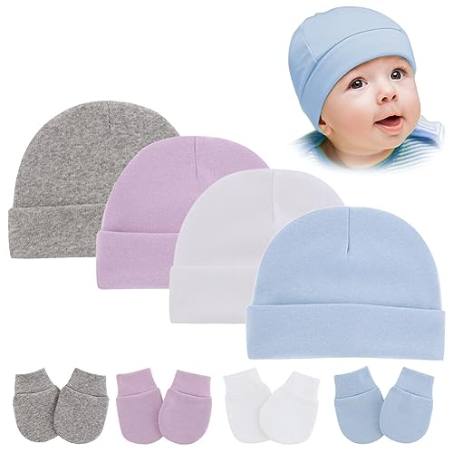 Baby Caps Mittens Newborn Sleeping Hat and Gloves Beanie Infant Hats with Bow Baby Scratch Mitten Gloves for Boys Girls, 4 Sets, Type 2