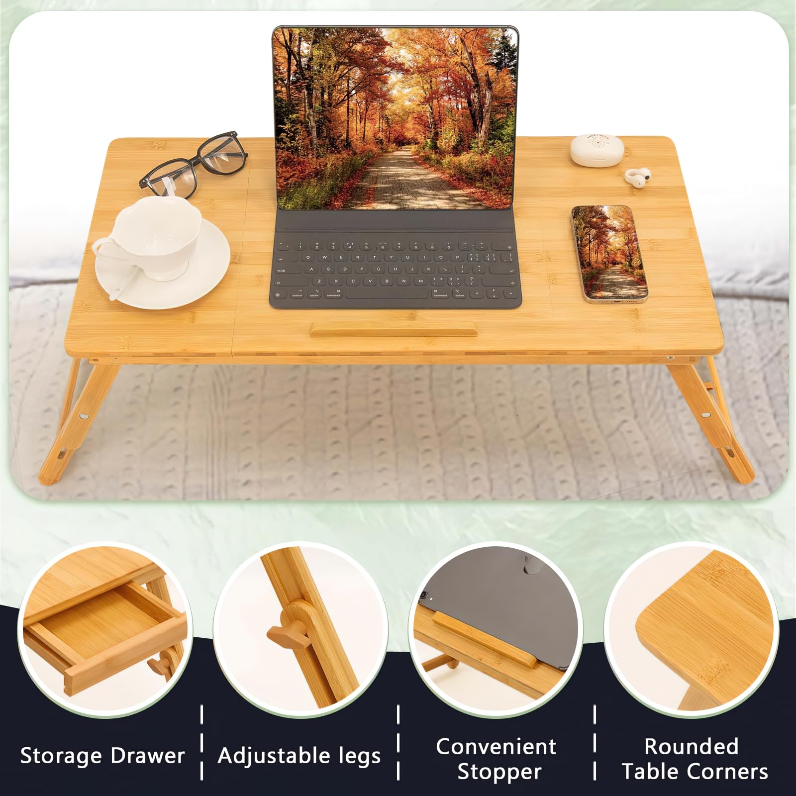 Bamboo Laptop Desk Bed Tray Table Adjustable Table for Computer Tilting Top Foldable Leg with Drawer