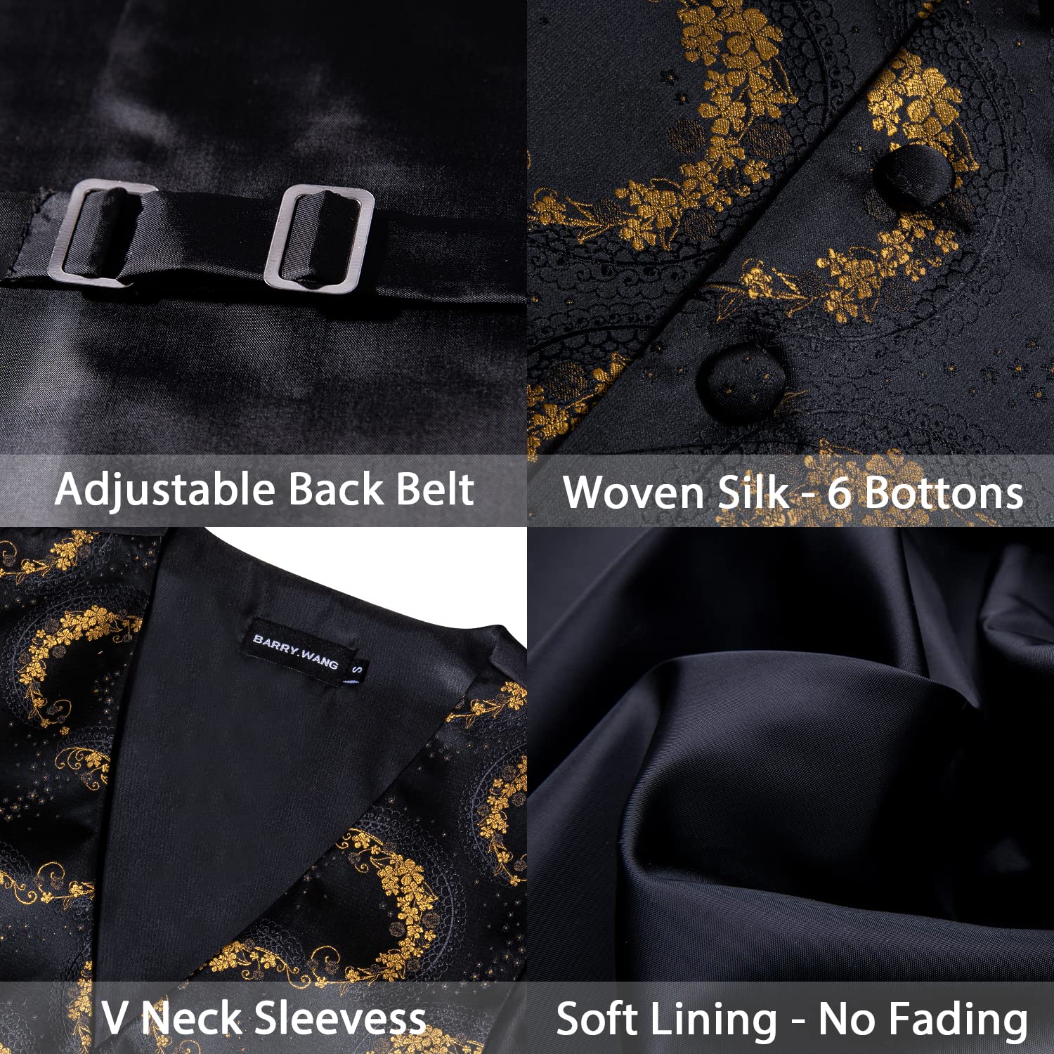 Barry.Wang Mens Suit Vest Gold Flower Silk Jacquard Waistcot Ties Set Formal/Leisure 5PCS