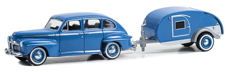 Collectibles Greenlight 32300-A Hitch & Tow Series 30-1942 Fordor Super Deluxe with Tear Drop Trailer – Florentine Blue 1:64 Scale Diecast