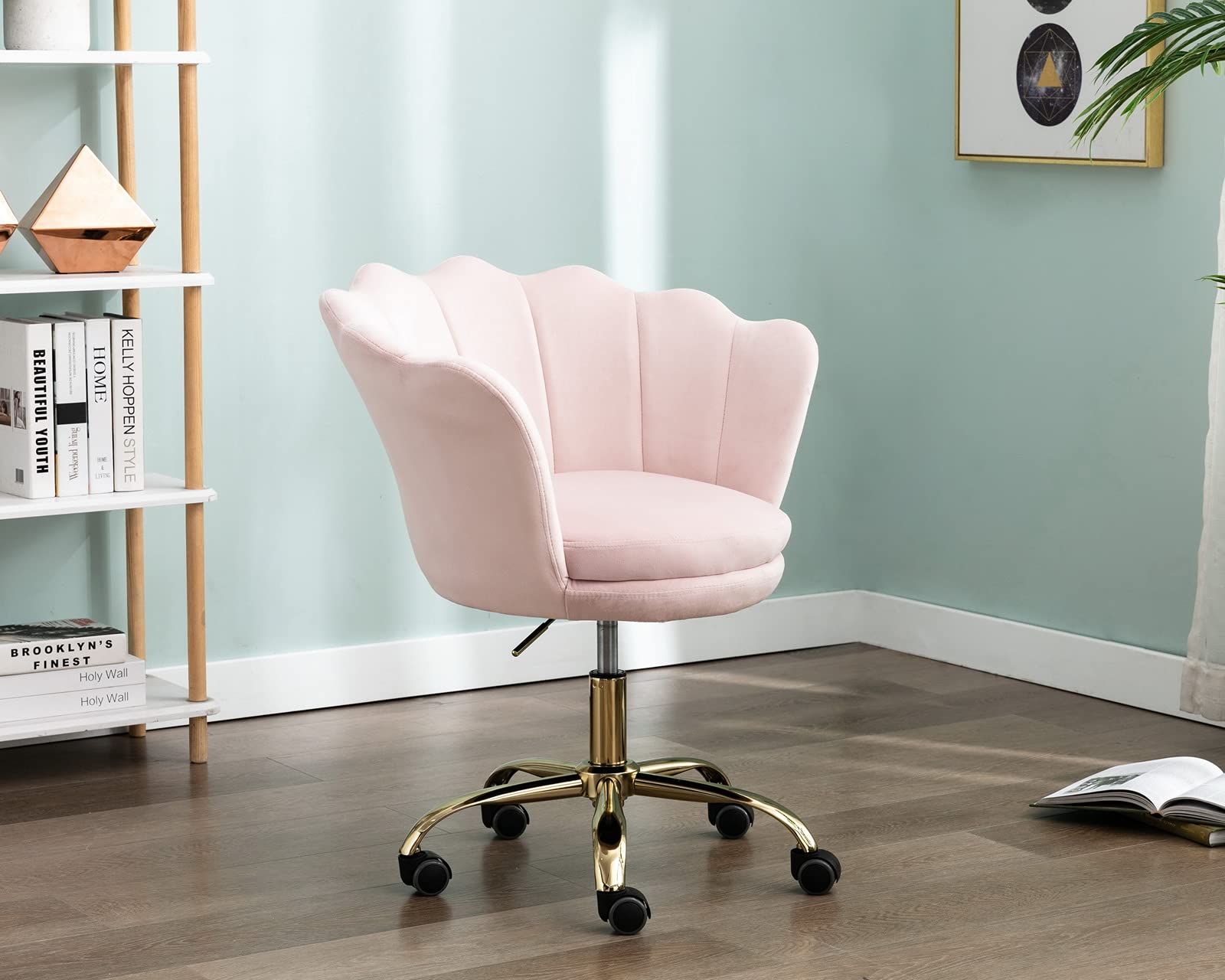 CIMOTA Desk Chair Velvet Cute Adjustable Vanity Chair Modern Home Office Chair Scalloped Task Chair with Wheels for Teens Adults Bedroom/Study/Make Up/Computer Room, Light Pink