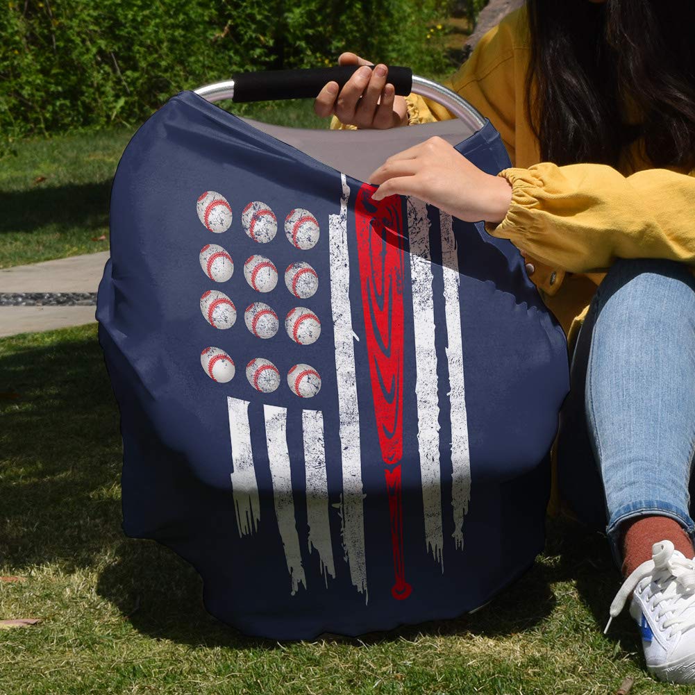 Baby Car Seat Covers American Flag, Nursing Cover Breastfeeding Scarf/Shawl, Infant Carseat Canopy, Stretchy Soft Breathable Multi-use Cover Ups, Baseball Blue White Stripe