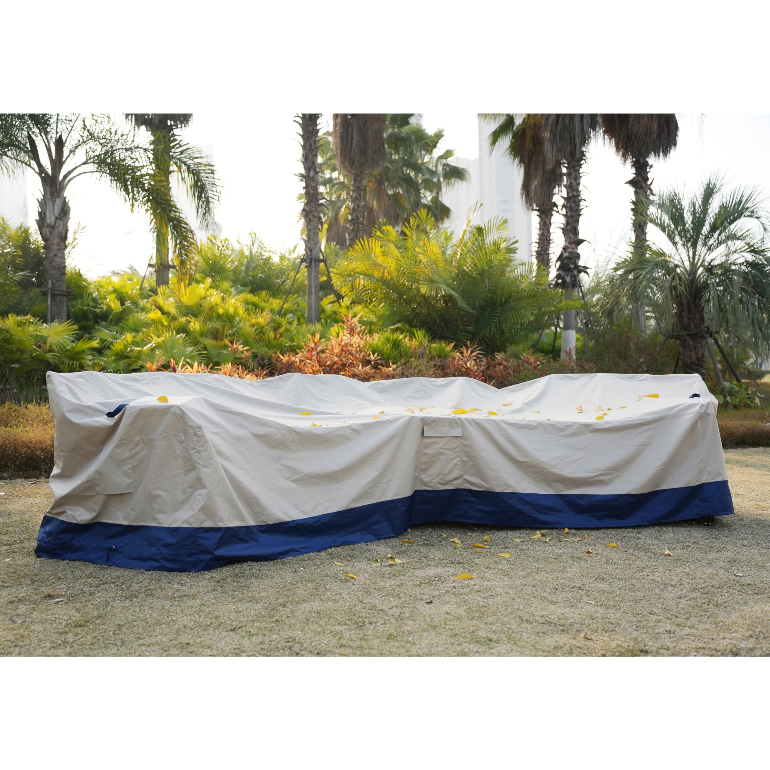 DUSTYPROTE Curved Sofa Cover,Outdoor Couch Cover 600D,Outdoor Sectional Covers Waterproof 120" L(Back)/82" L(Front) x 36" D x 38" H, Khaki with Dark Blue, Cover Only