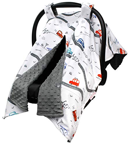 Baby Car Seat Canopy Cover - Road Trip with Grey Minky Dot