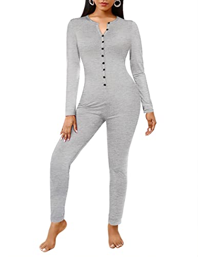 Ekouaer Bandage One Piece Pajama Romper Long Sleeve Jumpsuit Sleepwear For Women,Gray,Medium