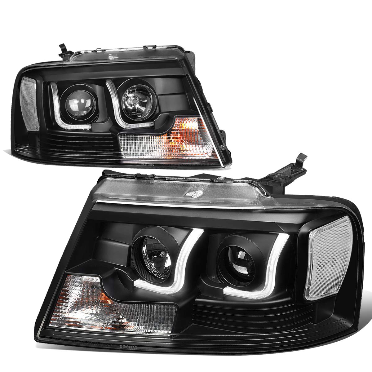 Auto Dynasty Dual LED DRL Projector Headlights Assembly Compatible with Ford F150 Lincoln Mark LT 2004-2008, Driver and Passenger Side, Black Housing Clear Corner