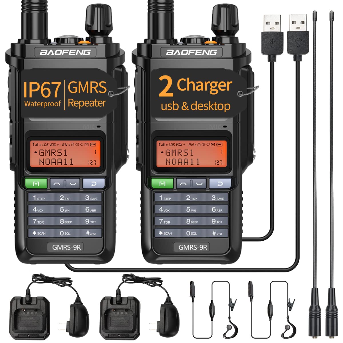 BAOFENG GMRS Radio Waterproof IP67,GMRS-9R Two Way Radios Long Range Handheld Radio Rechargeable,Dual Band NOAA Scanner, GMRS Repeater Capable, with Type-C Charger AR-771 Antenna Headsets etc,2pack