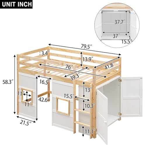 BOVZA Twin Size Loft Bed with Built-in Storage Wardrobe and 2 Windows, Wood Playhouse Loft Bed Frame with High Guard Rails for Kids Boys Girls Teens, Natural+White