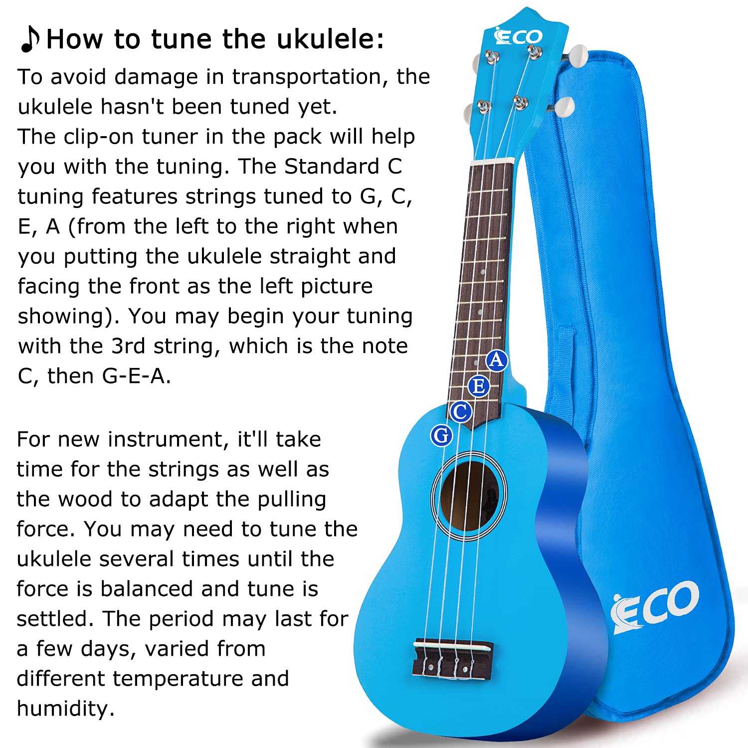 iECO Soprano Ukulele Beginner Kit for Kids Adults 21 Inch Ukelele w/Case Strap Tuner Strings Picks (Blue)
